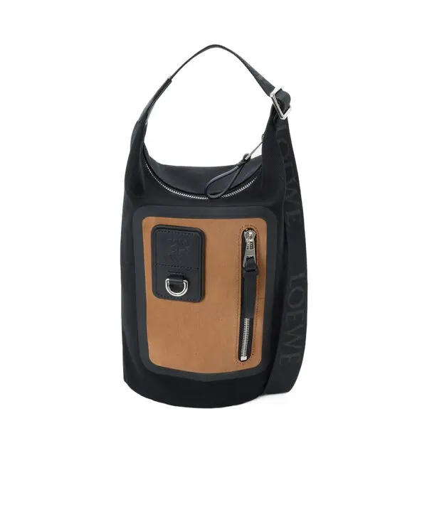 Loewe Small Flex Loop Bucket Bag In Canvas And Suede - Black/dark Gold