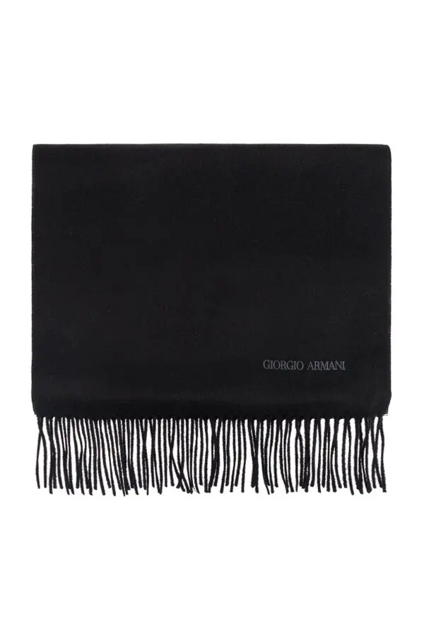 Giorgio Armani Logo Embroidered Fringed Scarf - Black