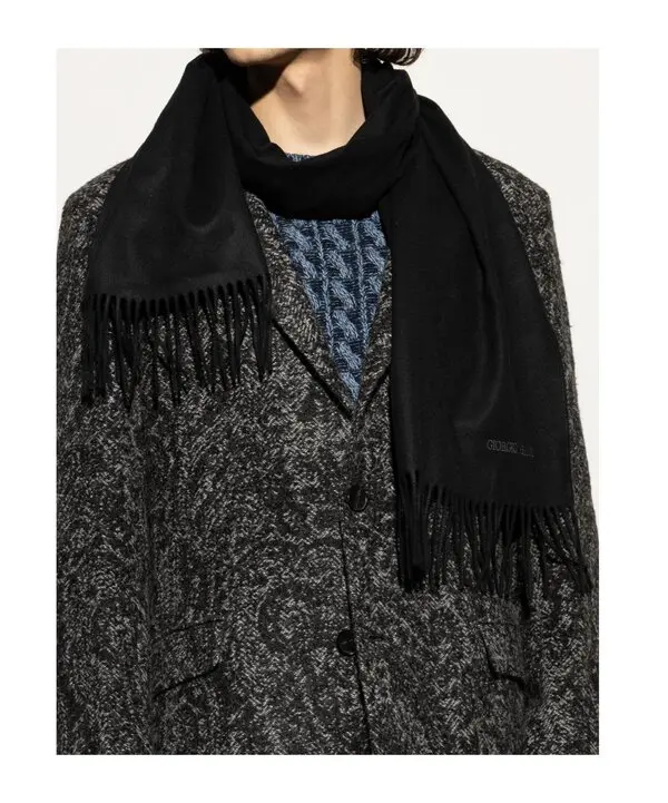 Giorgio Armani Logo Embroidered Fringed Scarf - Black