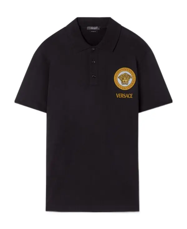Versace Logo Embroidered Short-sleeved Polo Shirt - Black