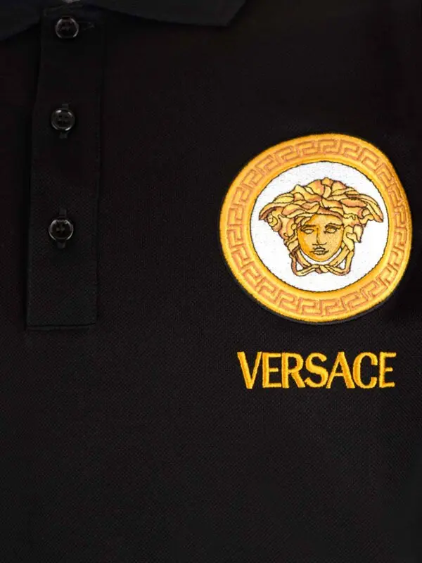 Versace Logo Embroidered Short-sleeved Polo Shirt - Black