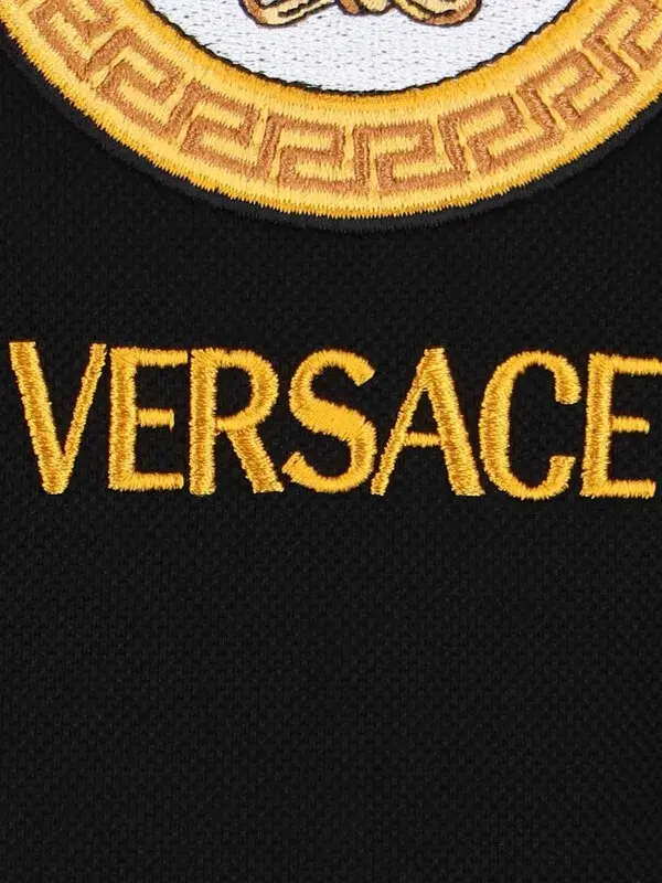 Versace Logo Embroidered Short-sleeved Polo Shirt - Black