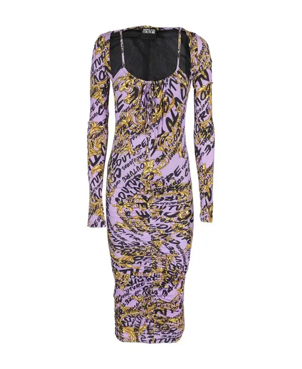 Versace Ruched Logo Printed Midi Dress