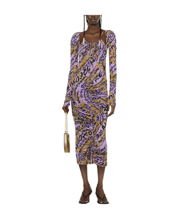 Versace Ruched Logo Printed Midi Dress