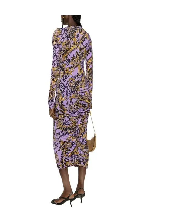 Versace Ruched Logo Printed Midi Dress