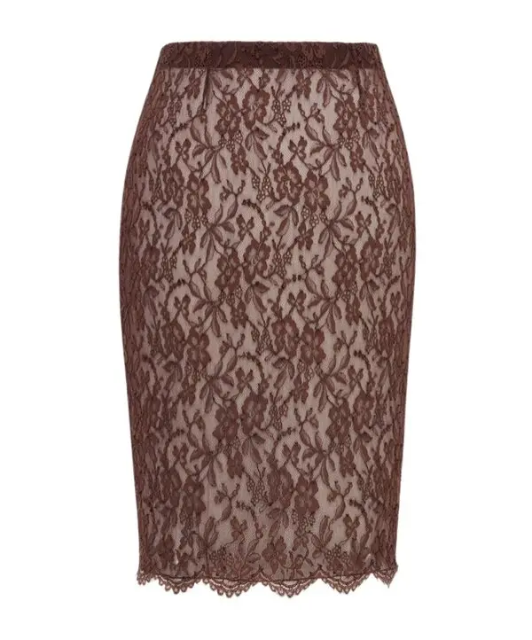 Saint Laurent Lace Detailed Pencil Skirt - Marron