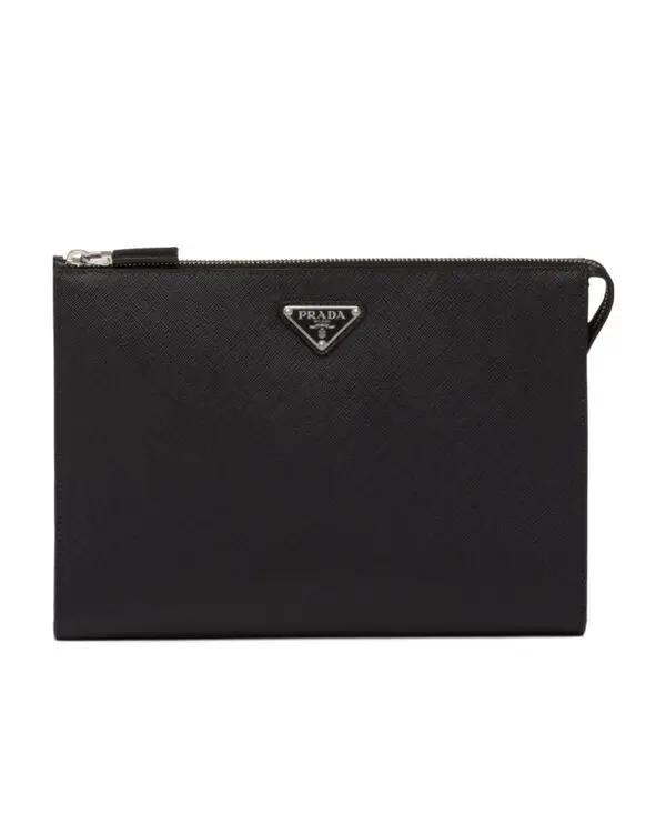 Prada Logo Plaque Zipped Clutch Bag - Black