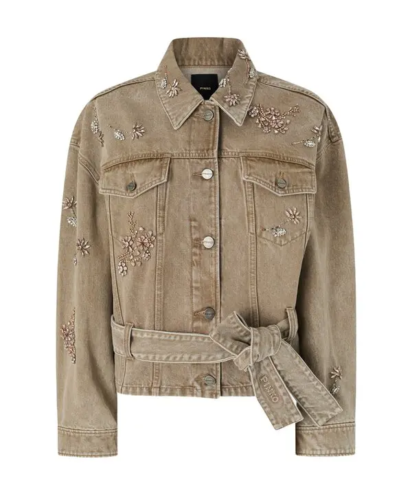 Pinko Embellished Belted Denim Jacket - Nude