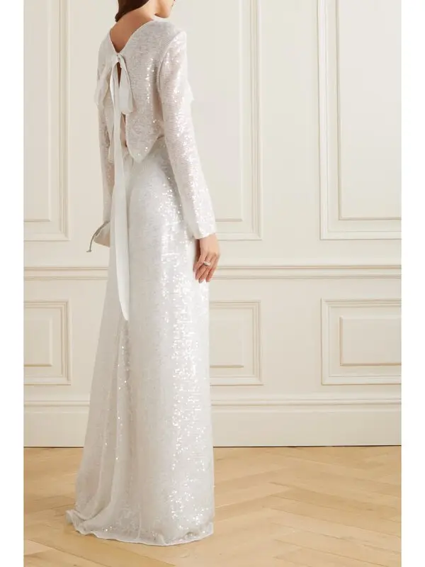 Erdem Sequined Chiffon Maxi Dress With Open Back Bow Detail - Ivory