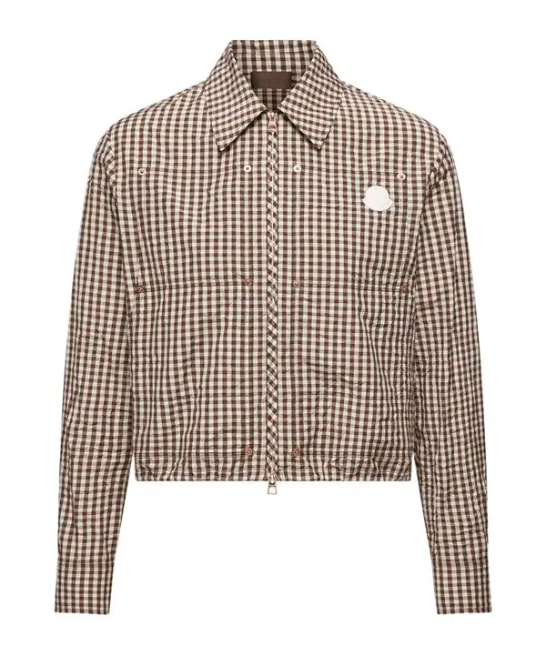 Moncler Gingham Logo Patch Zip-up Shirt Jacket - Nude