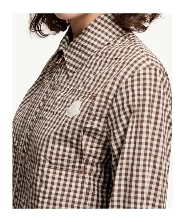 Moncler Gingham Logo Patch Zip-up Shirt Jacket - Nude