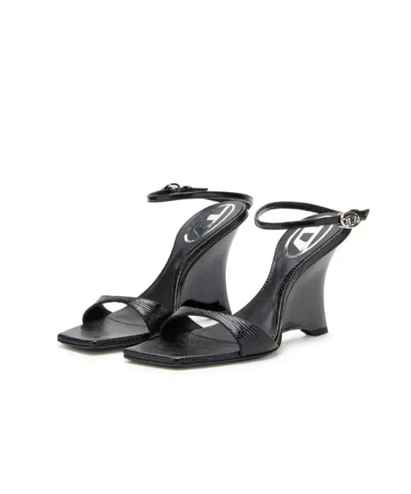 DIESEL® Lizard-effect Wedge Sandals With D-shaped Buckle - Black