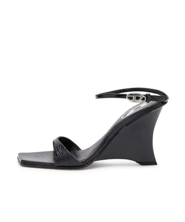 DIESEL® Lizard-effect Wedge Sandals With D-shaped Buckle - Black