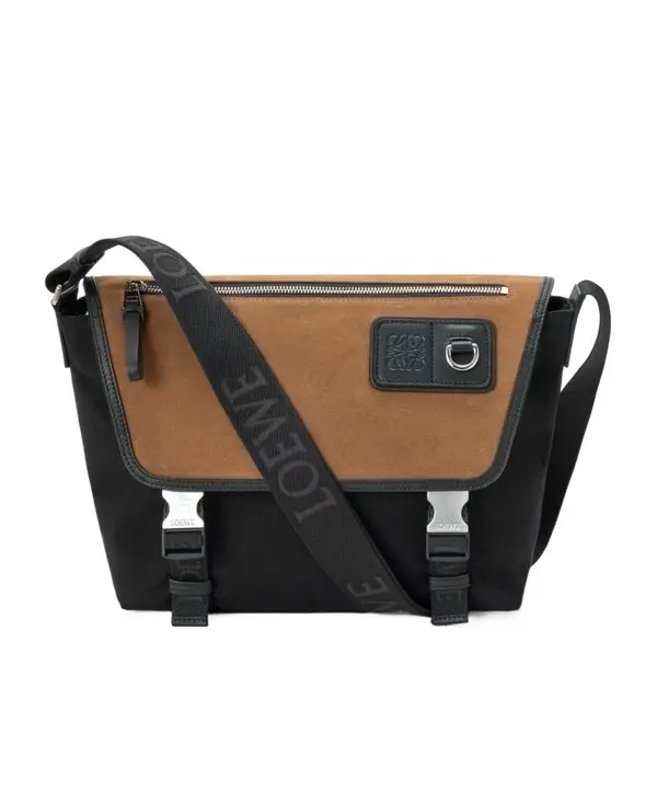 Loewe Medium Flex Messenger Bag In Canvas And Suede - Black/dark Gold