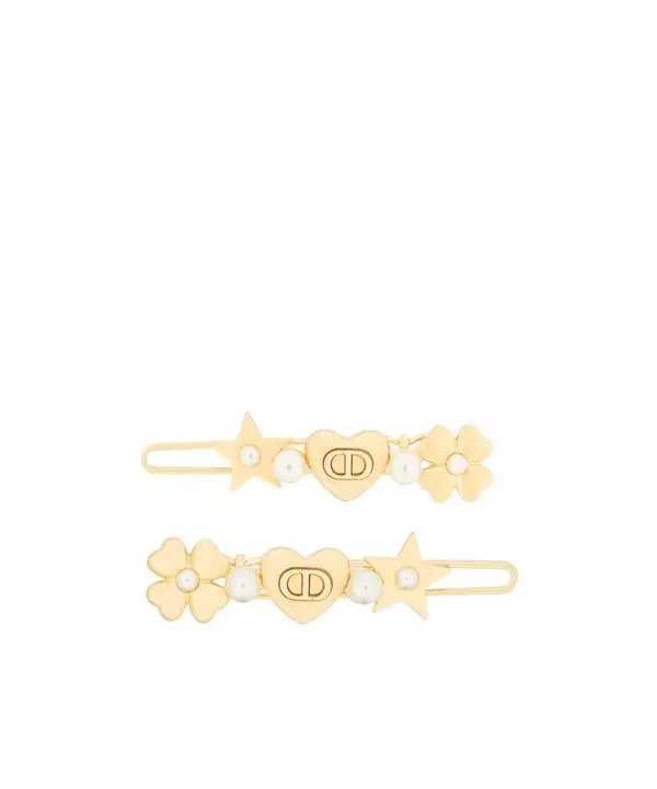 Dior Lucky Set Of Barrettes In Gold-finish Metal And Resin Pearls - Yellow