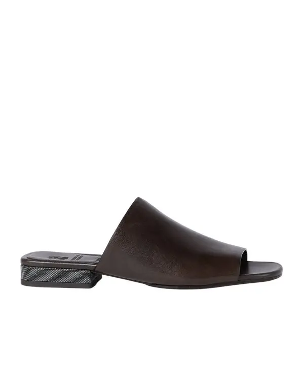 Brunello Cucinelli Monili Embellished Leather Mules - Cocoa