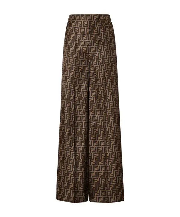 Fendi Ff Motif Pleated Wide-leg Trousers - Brown