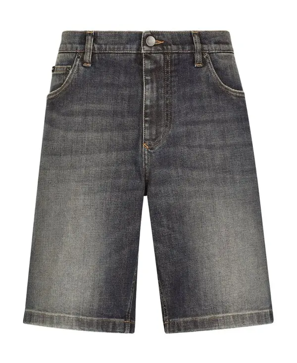 Dolce & Gabbana Logo Patch Straight Leg Denim Shorts - Black