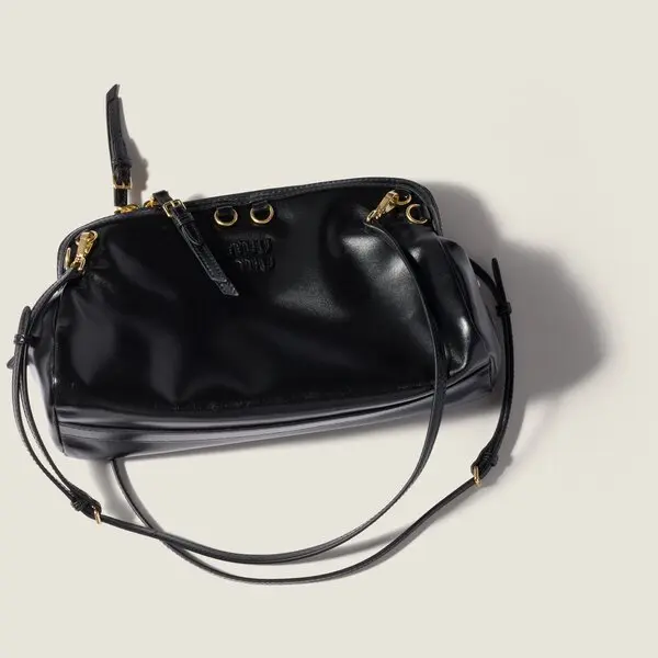 Miu Miu Caprice Shiny Leather Clutch With Gold Tone Hardware - Black