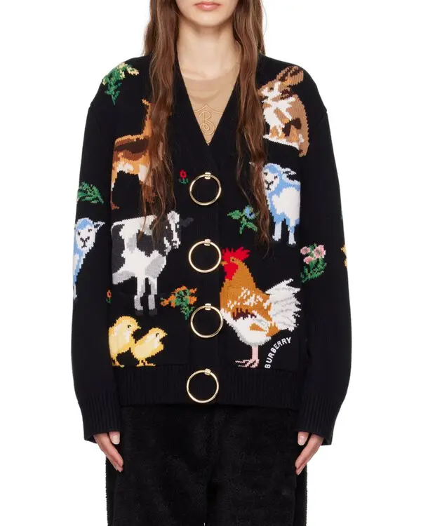 Burberry V-neck Farm Animal Intarsia Knit Cardigan