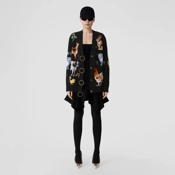 Burberry V-neck Farm Animal Intarsia Knit Cardigan