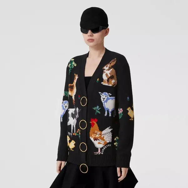 Burberry V-neck Farm Animal Intarsia Knit Cardigan