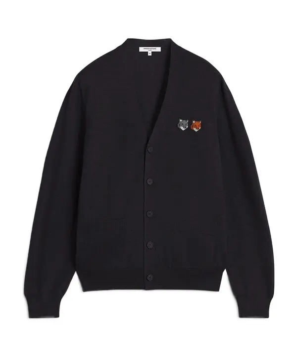 Maison Kitsuné Long Sleeve Cardigan With Fox Head Appliques - Anthracite Color