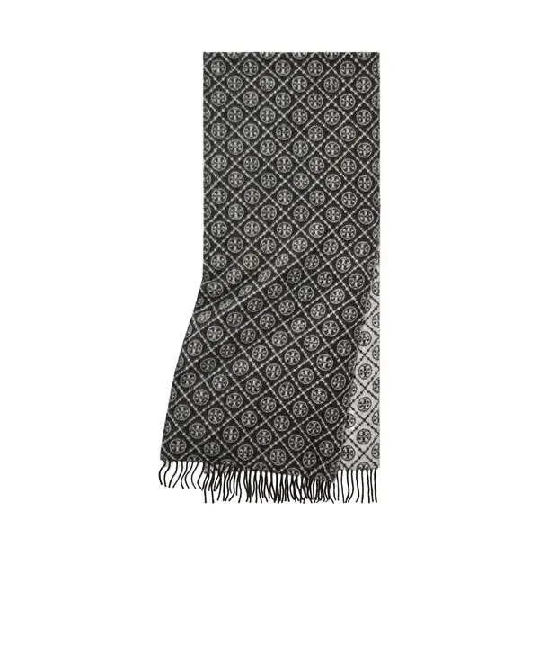Tory Burch T Monogram Printed Fringed Scarf - Black