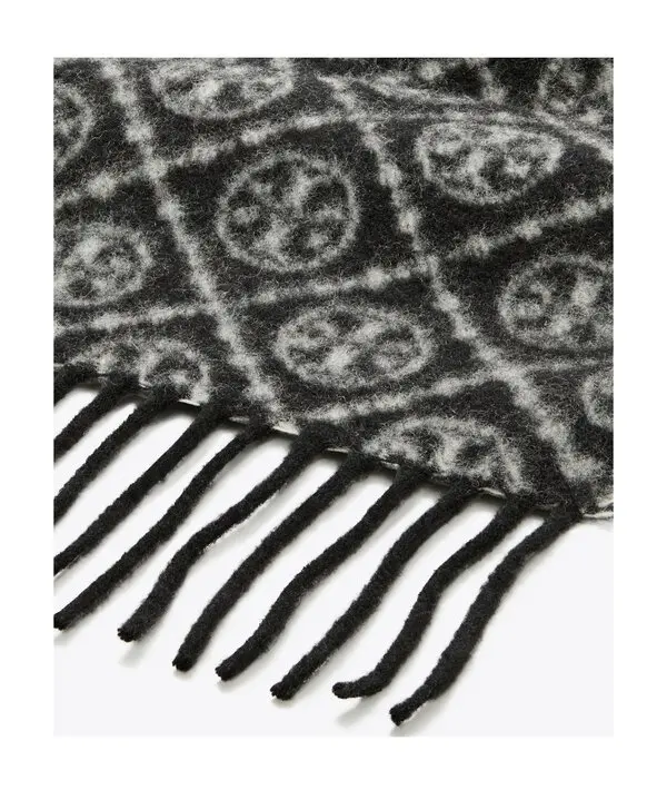 Tory Burch T Monogram Printed Fringed Scarf - Black