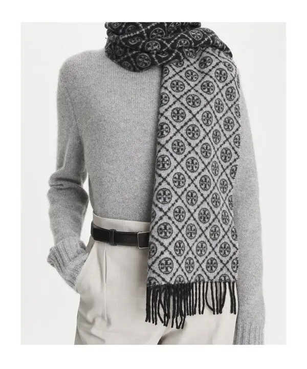 Tory Burch T Monogram Printed Fringed Scarf - Black