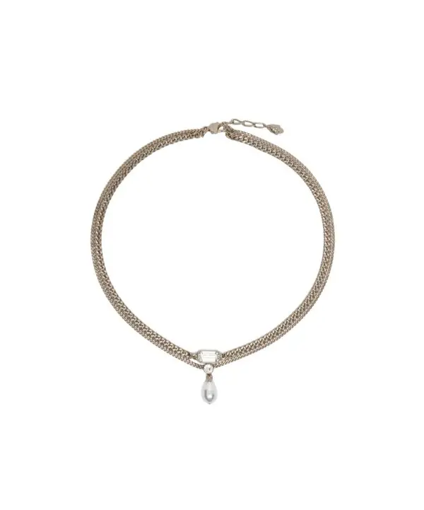 Alexander McQueen Skull Embellished Double Chain Necklace With Crystal And Imitation Pearl Pendant - Yellow