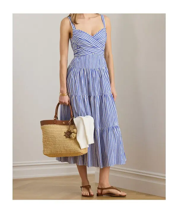 Ralph Lauren Striped Cotton Wrap Dress With Bow Detail