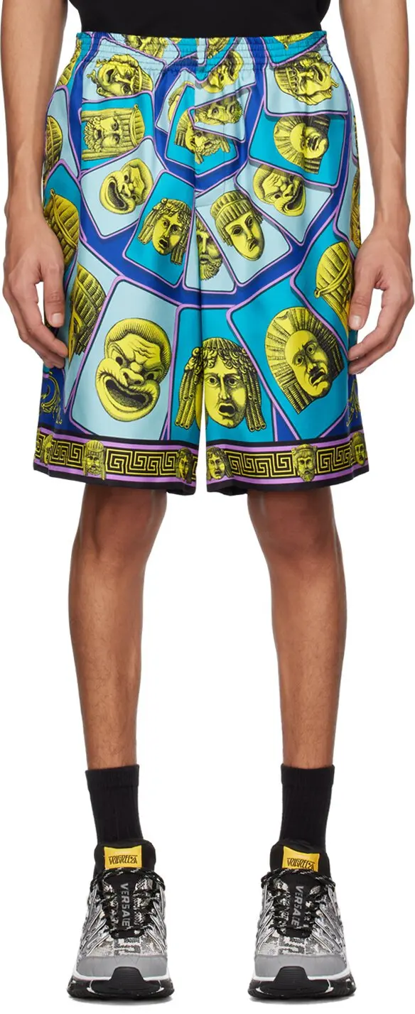 Versace Le Maschere" Printed Straight Leg Shorts - Blue