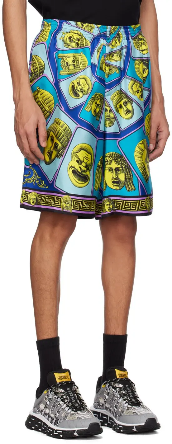 Versace Le Maschere" Printed Straight Leg Shorts - Blue