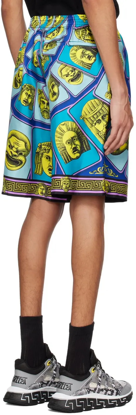 Versace Le Maschere" Printed Straight Leg Shorts - Blue