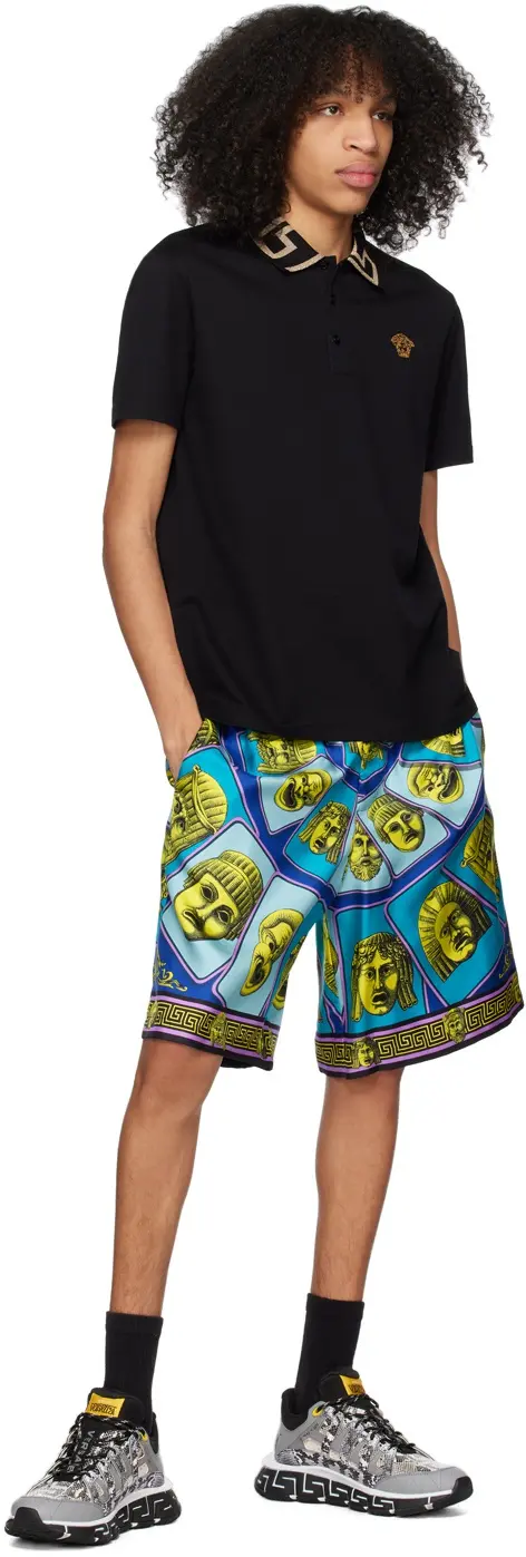 Versace Le Maschere" Printed Straight Leg Shorts - Blue