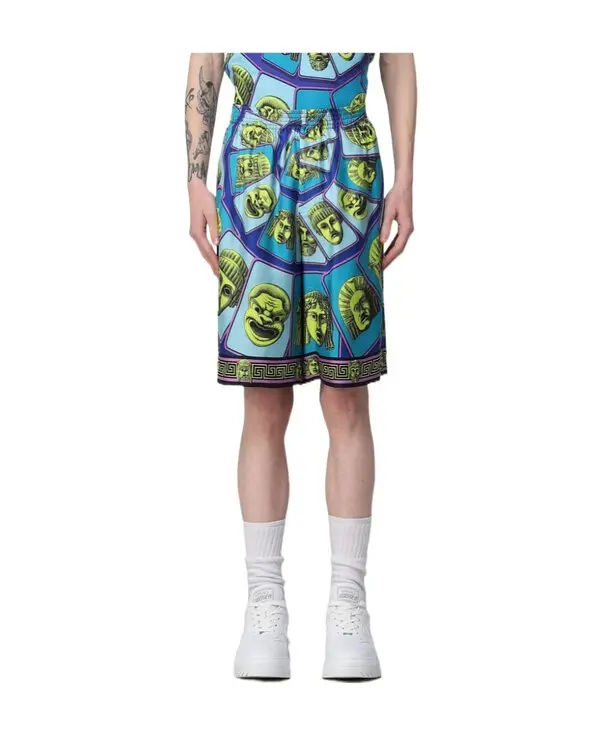 Versace Le Maschere" Printed Straight Leg Shorts - Blue