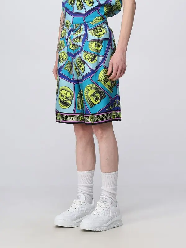 Versace Le Maschere" Printed Straight Leg Shorts - Blue