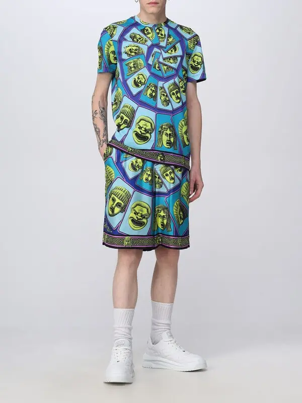 Versace Le Maschere" Printed Straight Leg Shorts - Blue