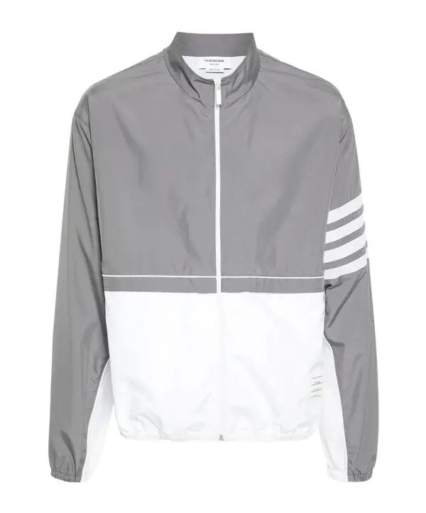 Thom Browne Zip-up Windbreaker With Four-bar Detailing - Medium Gray/white