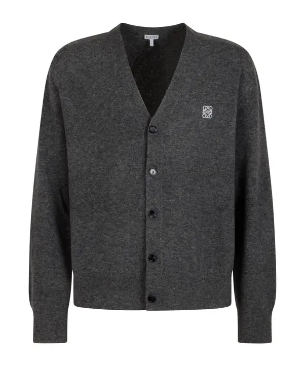 Loewe Logo Embroidered V-neck Knit Cardigan - Grey