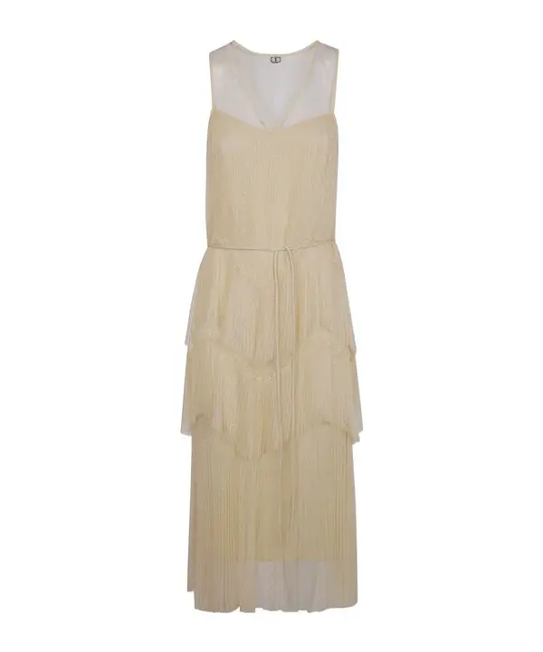 TWINSET Layered Midi Dress With Pleated Ruffles And Lace Inlays - Nude
