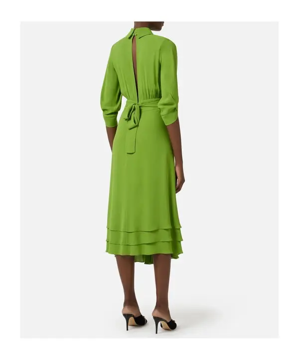 Elisabetta Franchi Pleated Flounce Shirt Dress With Logo Embroidery - Aloe