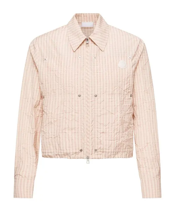 Moncler Crinkled Cotton Blend Gingham Zip-up Shirt - Light Pink