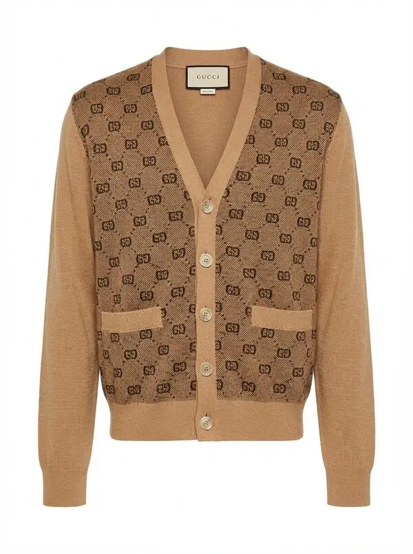 Gucci Allover Gg Printed V-neck Cardigan - Nude