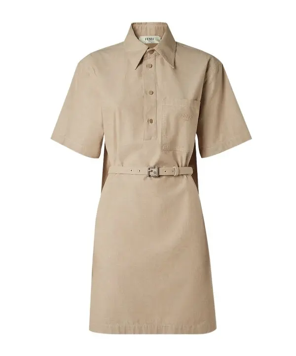 Fendi Logo Embroidered Belted Mini Dress - Brown