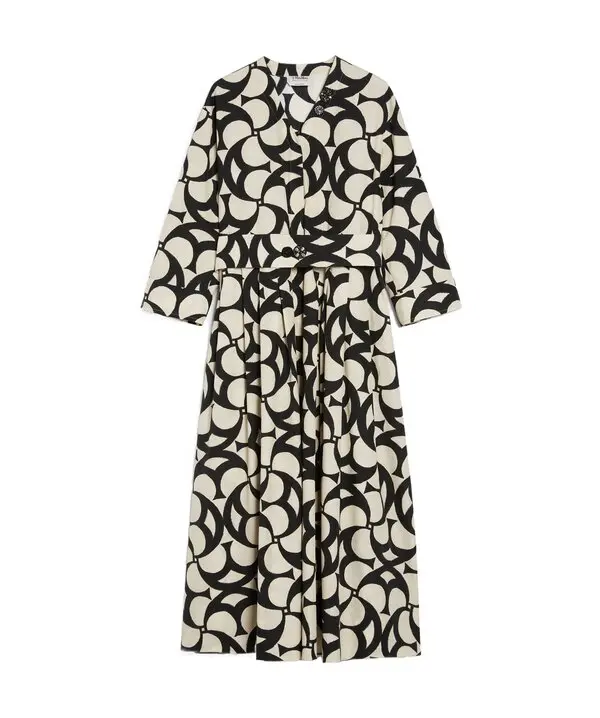 Max Mara Printed Cotton V-neck Long Sleeve Shirt Dress