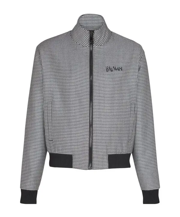 Balmain Houndstooth Wool Jacket With High Neck - Black