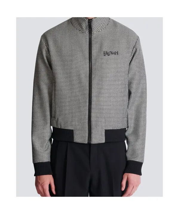 Balmain Houndstooth Wool Jacket With High Neck - Black