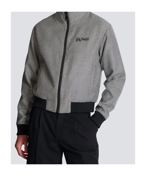 Balmain Houndstooth Wool Jacket With High Neck - Black